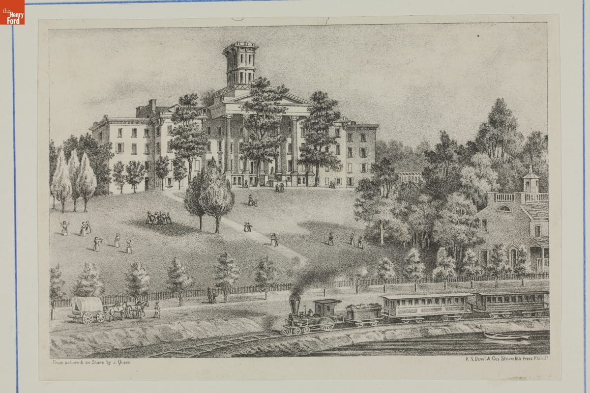 Locomotive, Tender, Two Passenger Cars, and Prairie Schooner, circa 1858