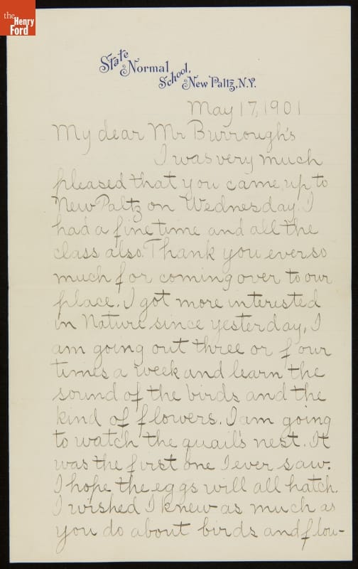 Letter to John Burroughs from Harold Rosecrans, a Student Thanking Him ...