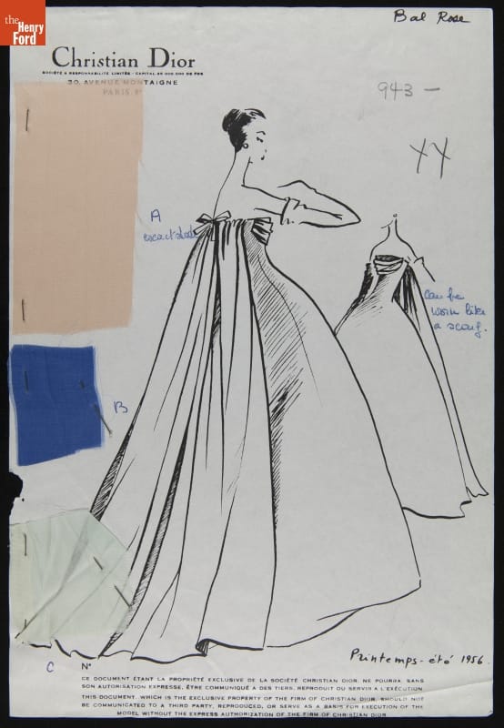 Dior Fashion Drawing with Fabric Swatches, "Bal Rose," 1956