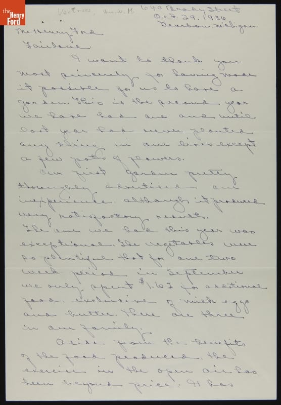 Letter from Mrs. W. M. Vertrees to Henry Ford regarding Vegetable ...