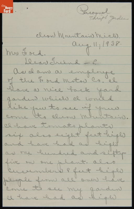 Letter from Ford Employee Charles Hanson Inviting Henry Ford to Visit ...