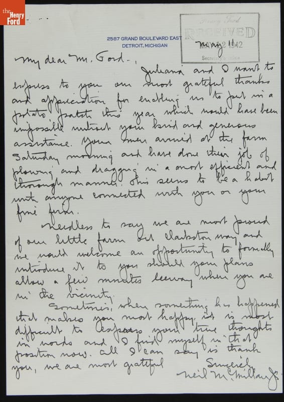 Letter from Neil McMillan Jr. to Henry Ford regarding Potato Fields ...