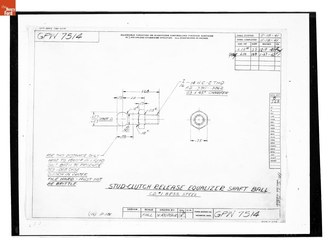 Drawing, "Stud - Clutch Release Equalizer Shaft Ball," Ford GPW ...