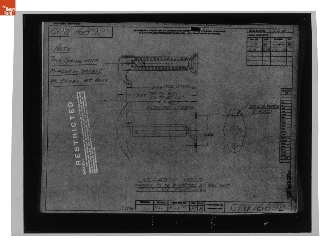 Drawing, "Catch Assembly - Hood," Ford GPW, January 12, 1942