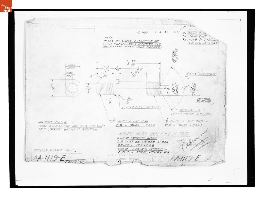 Drawing, "Rear Hub Bolt - L.H.THD," Ford Model AA Truck, June 30, 1930