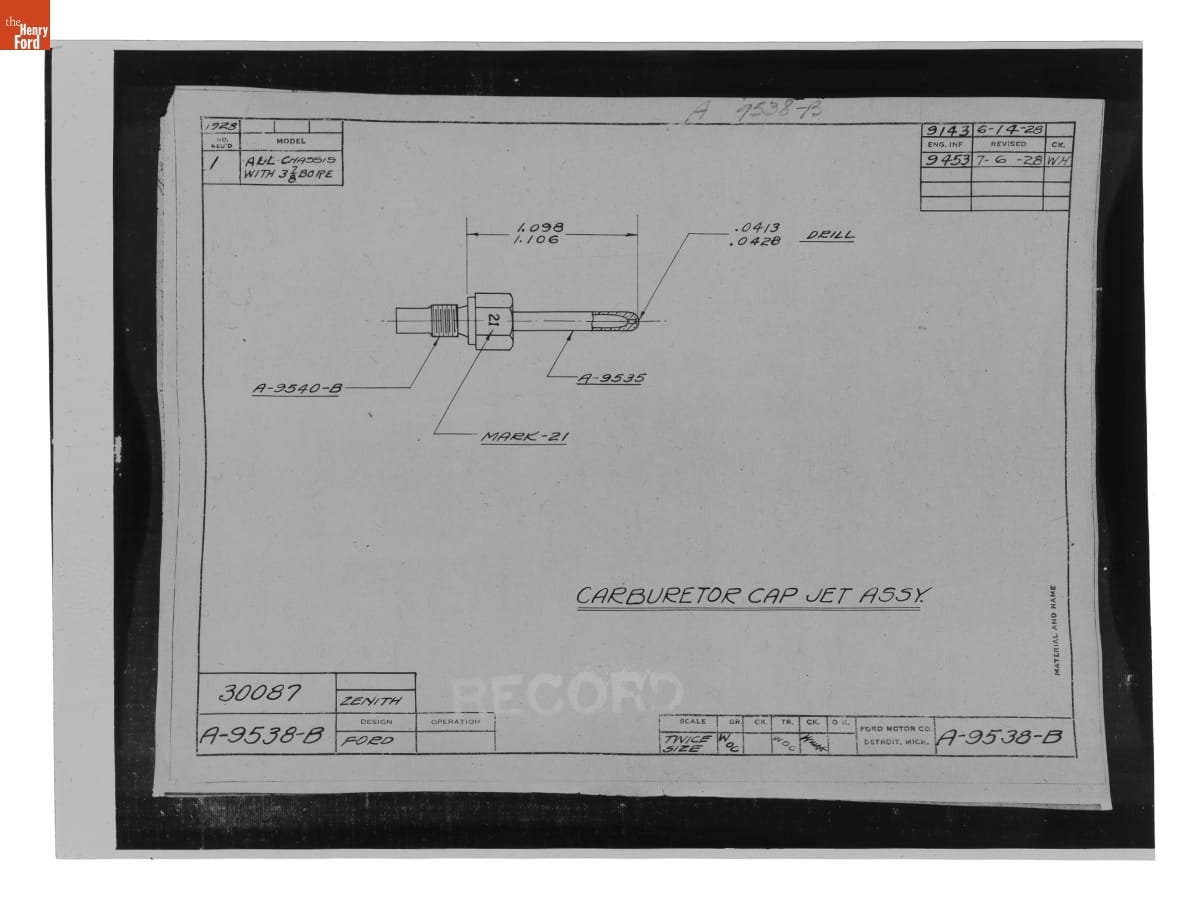 Drawing, "Carburetor Cap Jet Assy.," Ford Model A, July 6, 1928