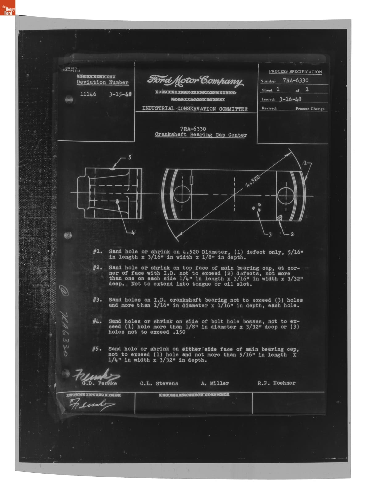 Drawing, "Crankshaft Bearing Cap Center," Ford Automobile, March 16, 1948