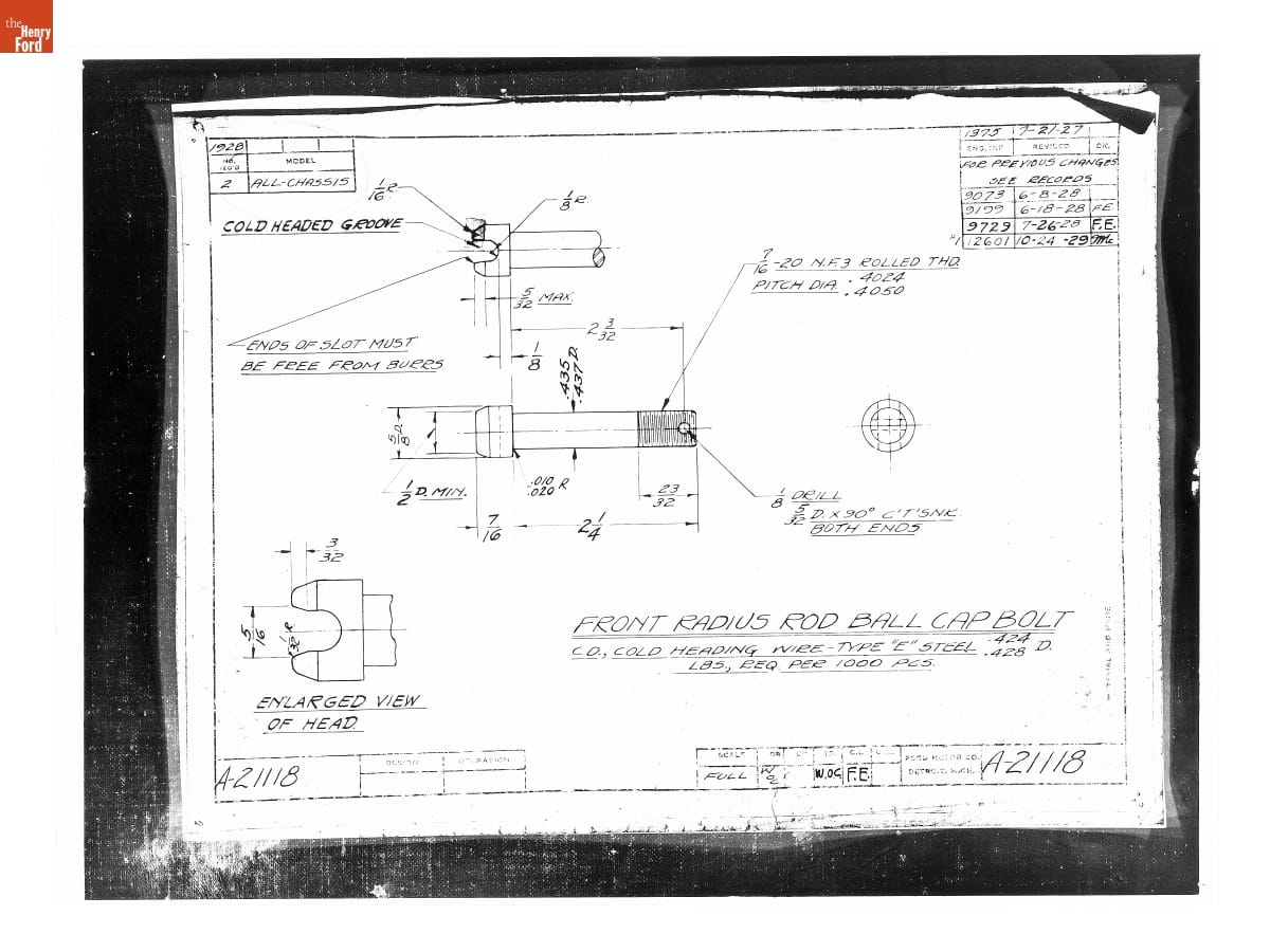 Drawing, "Front Radius Rod Ball Cap Bolt," Ford Model A, October 24, 1929