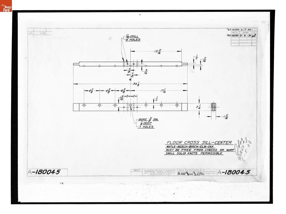 Drawing, "Floor Cross Sill - Center," Ford Model A, August 6, 1930