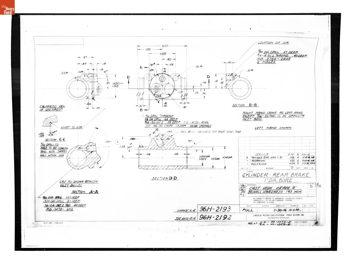 Drawing, "Cylinder - Rear Brake," Ford Automobile, April 30, 1948