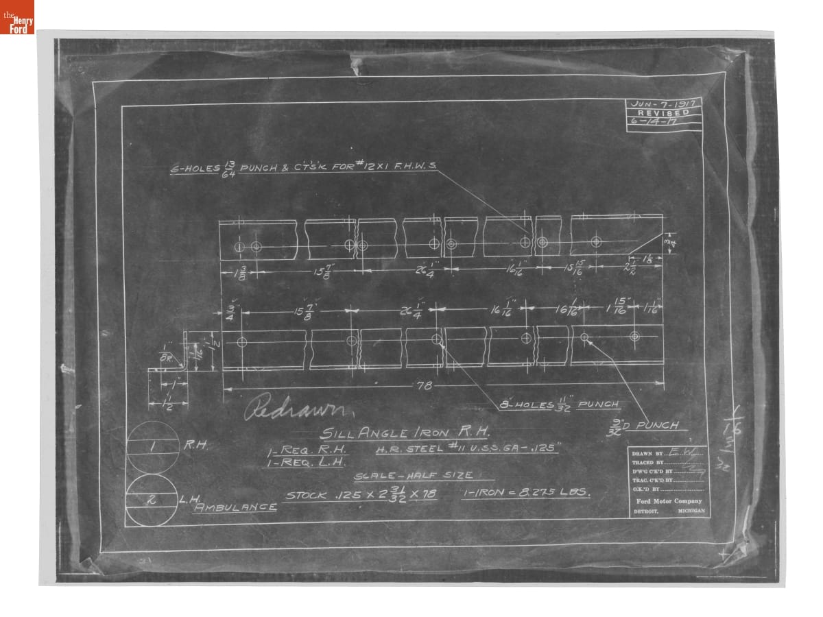 Drawing, "Sill Angle Iron R.H.," Ford Model T Ambulance, June 14, 1917