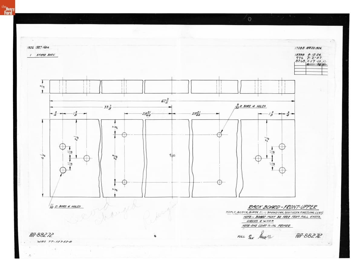Drawing, "Rack Board - Front - Upper," Ford Model AA Truck, April 17, 1928