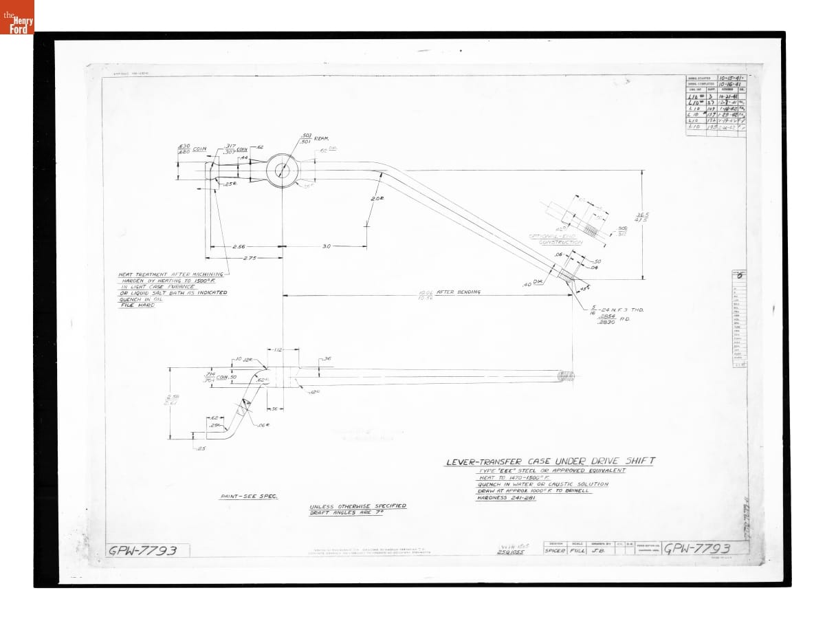 Drawing, "Lever - Transfer Case Under Drive Shift," Ford GPW, February ...
