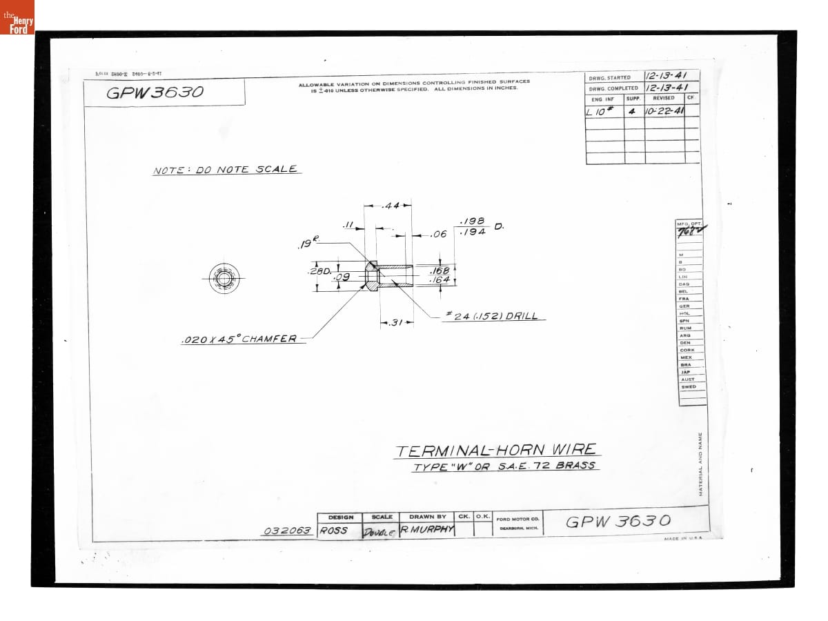Drawing, "Terminal - Horn Wire," Ford GPW, December 13, 1941