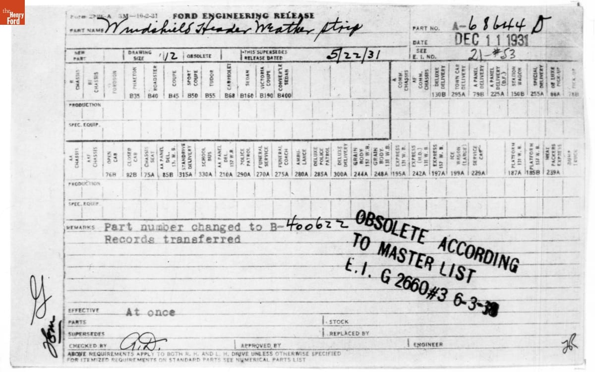 Engineering Release Notes, Windshield Header Weatherstrip, Ford Model A ...