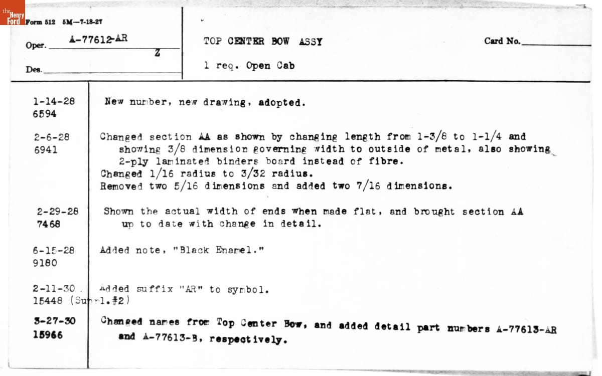 Engineering Release Notes, Top Center Bow Assembly, Ford Model A, 1928-1930
