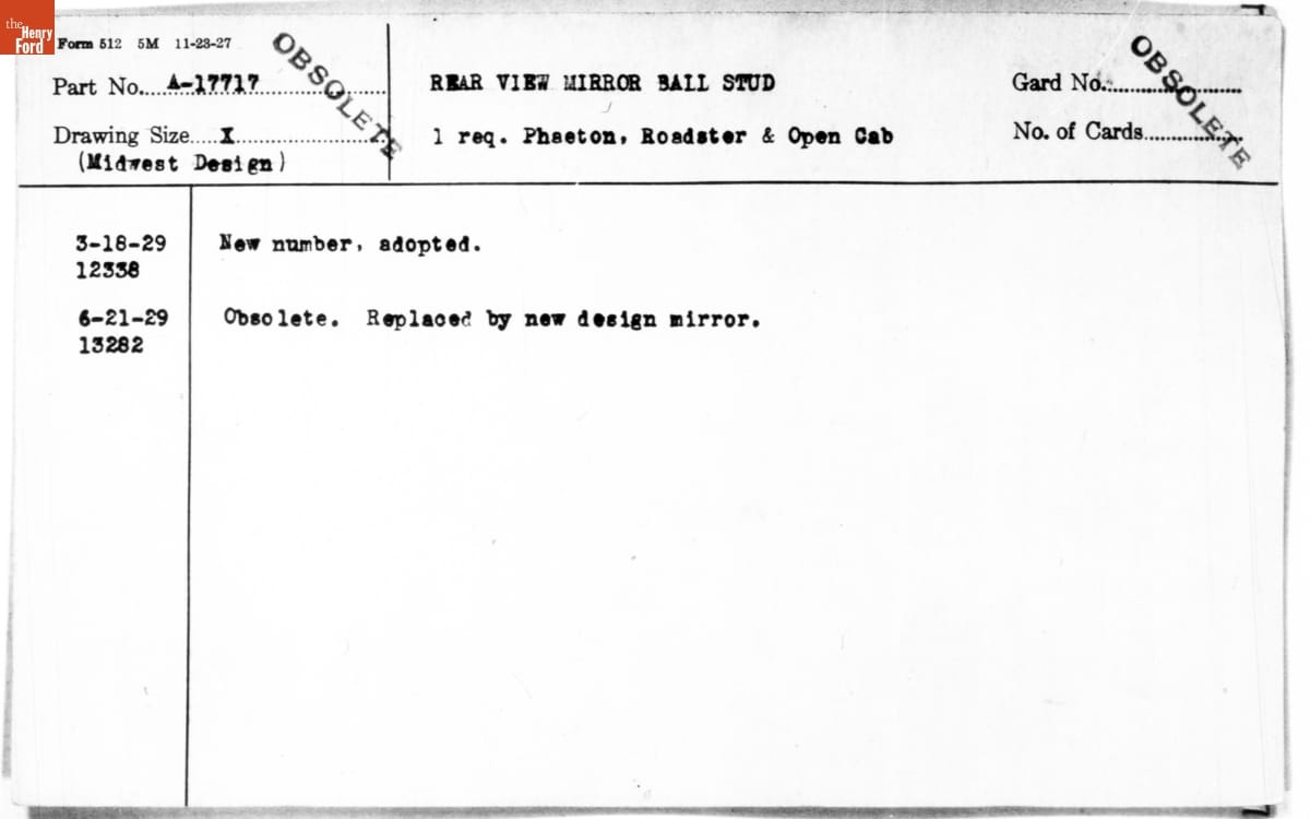 Engineering Release Notes, Rear View Mirror Ball Stud, 1929