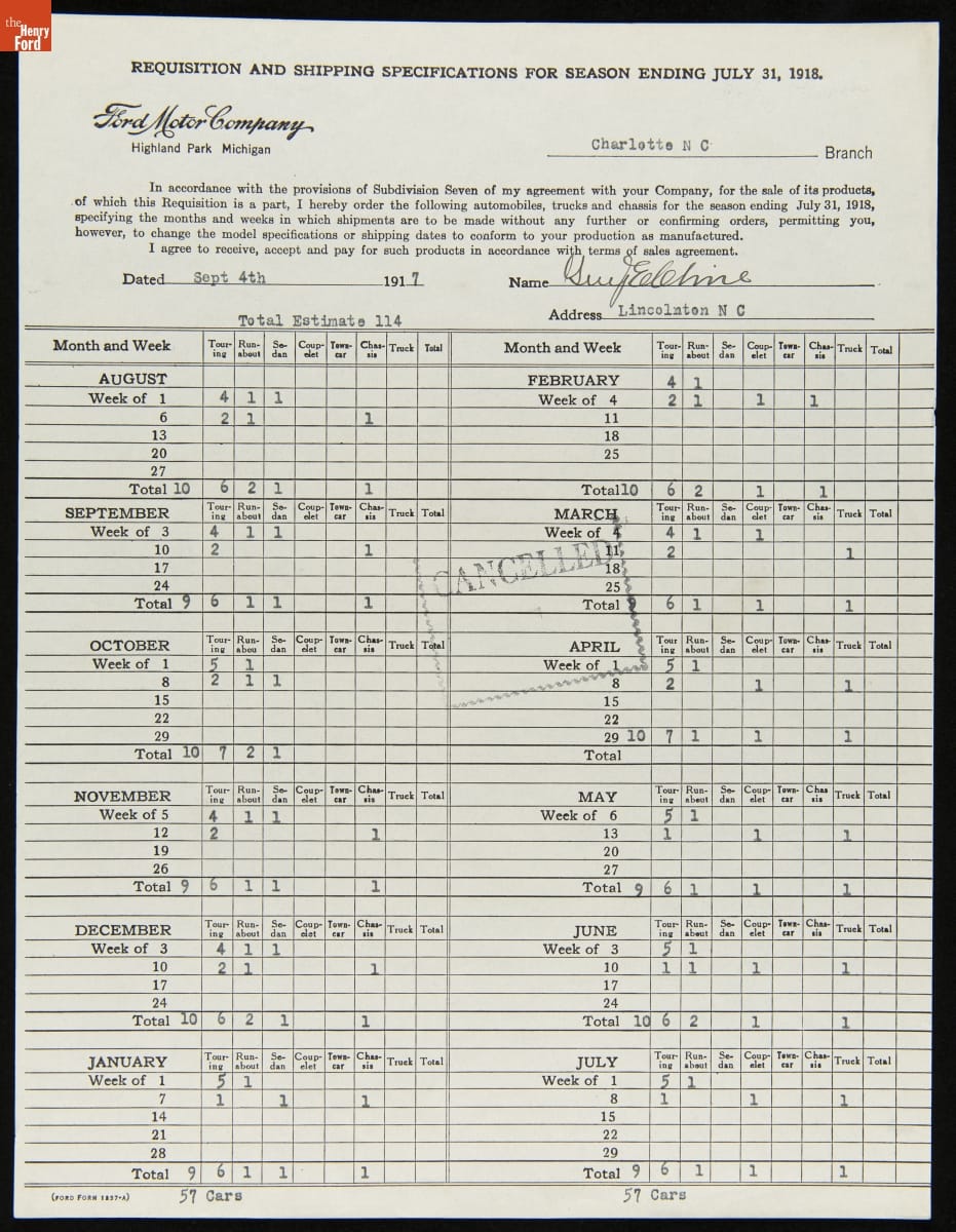 Ford Model T Requisition Form for Guy E. Cline, Lincolnton, North ...