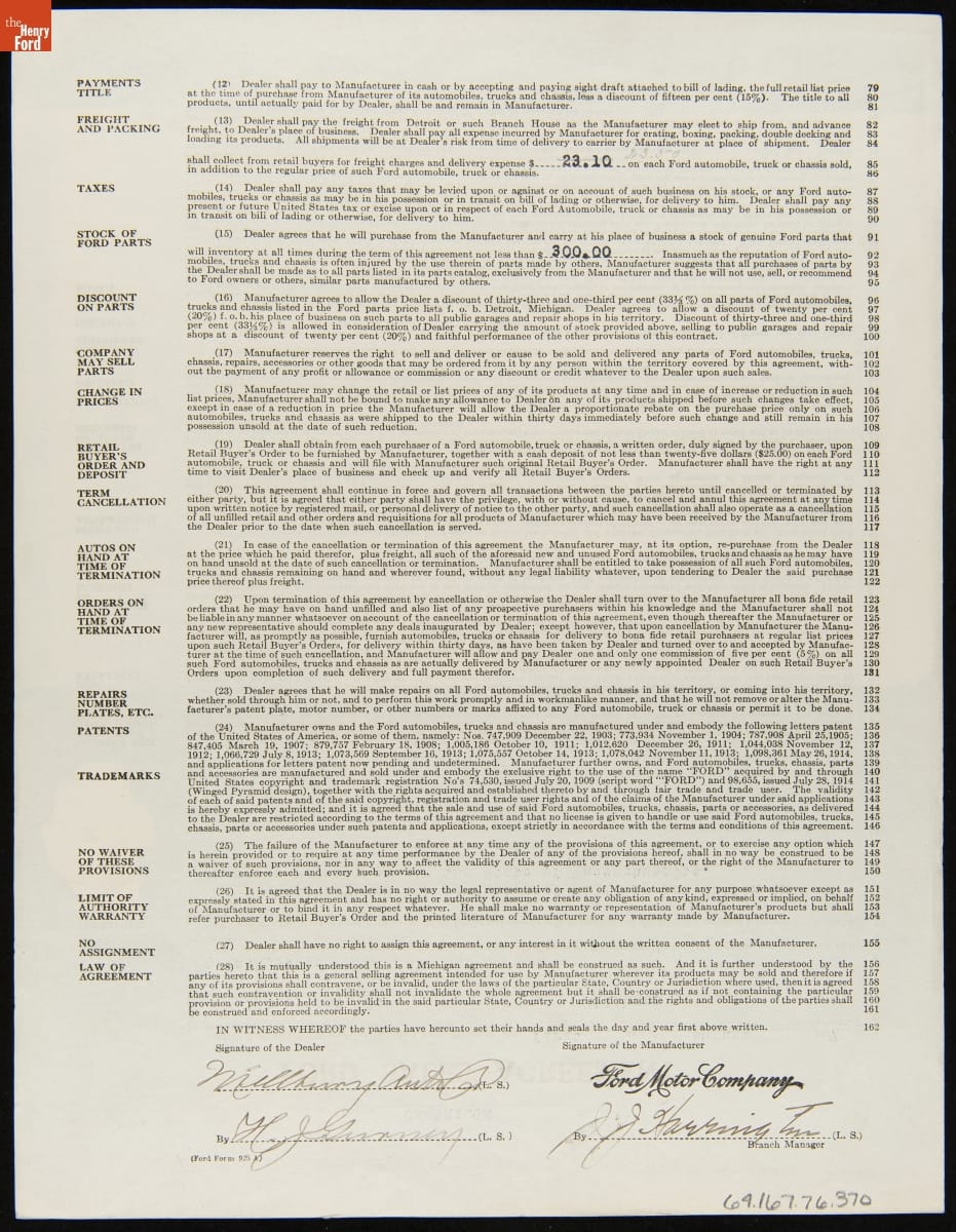 Cancelled Ford Sales Agreement for Millbury Auto Co., Millbury ...