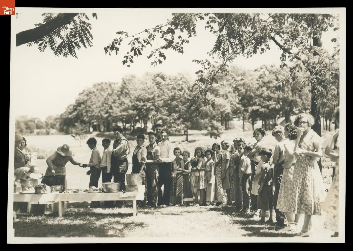 Students Waiting in Line for Ice Cream Outdoors at Town School, Macon ...