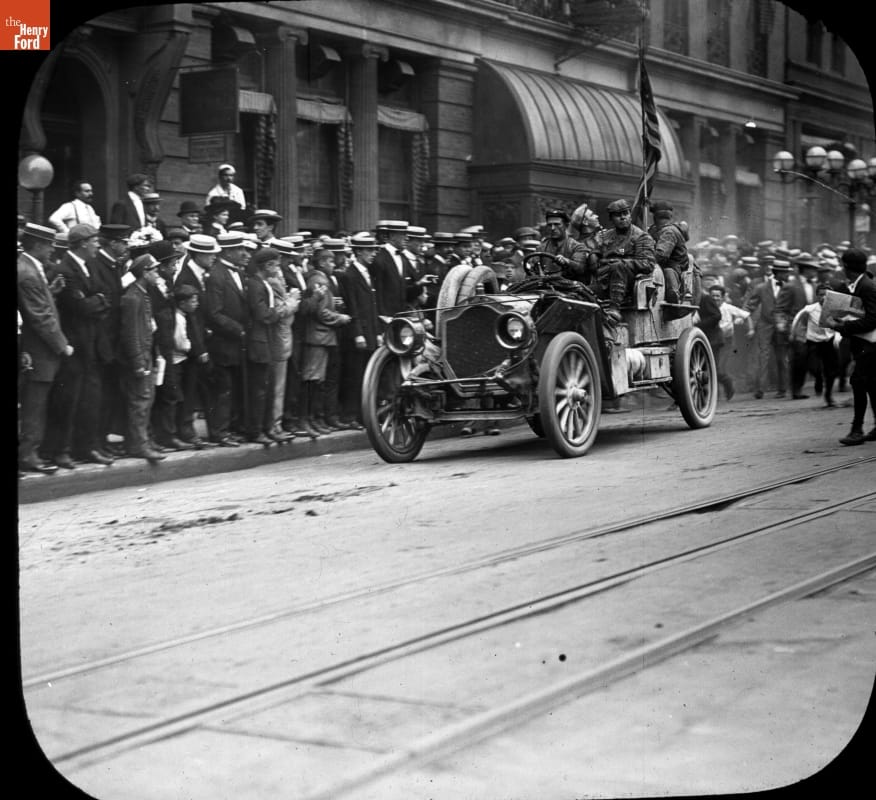 George Schuster in the Thomas Flyer, Driving down Broadway in the New ...