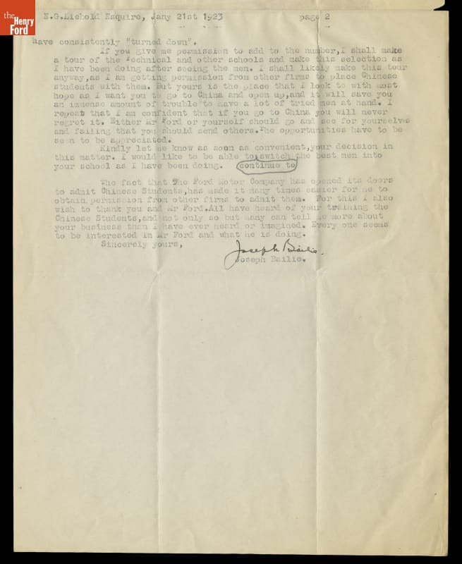 Letter from Joseph Bailie to E. G. Liebold regarding Students from ...