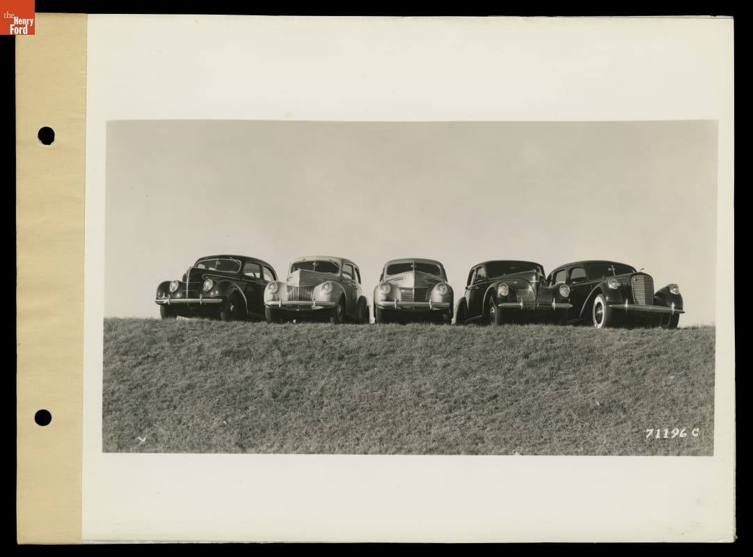 Lineup of 1939 Ford, Mercury, and Lincoln Automobiles